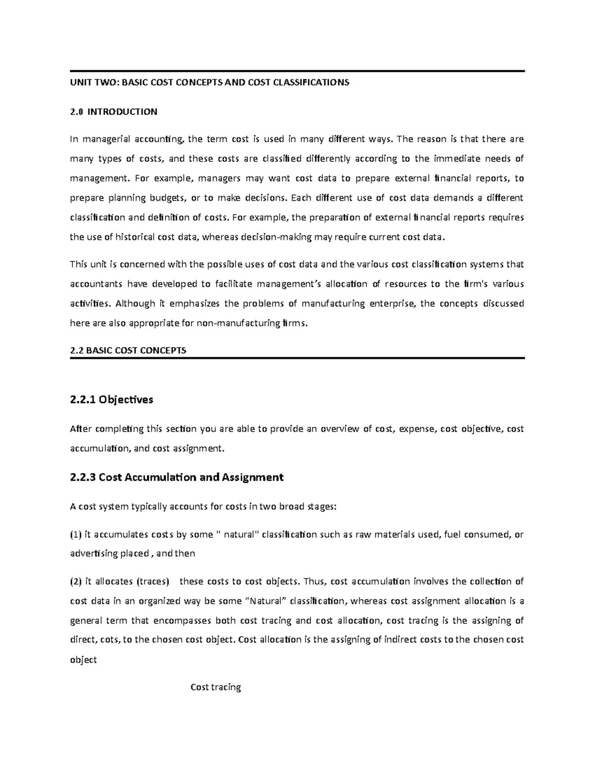 Cost accounting Chapter 2 - UNIT TWO: BASIC COST CONCEPTS AND COST CLASSIFICATIONS 2 ...