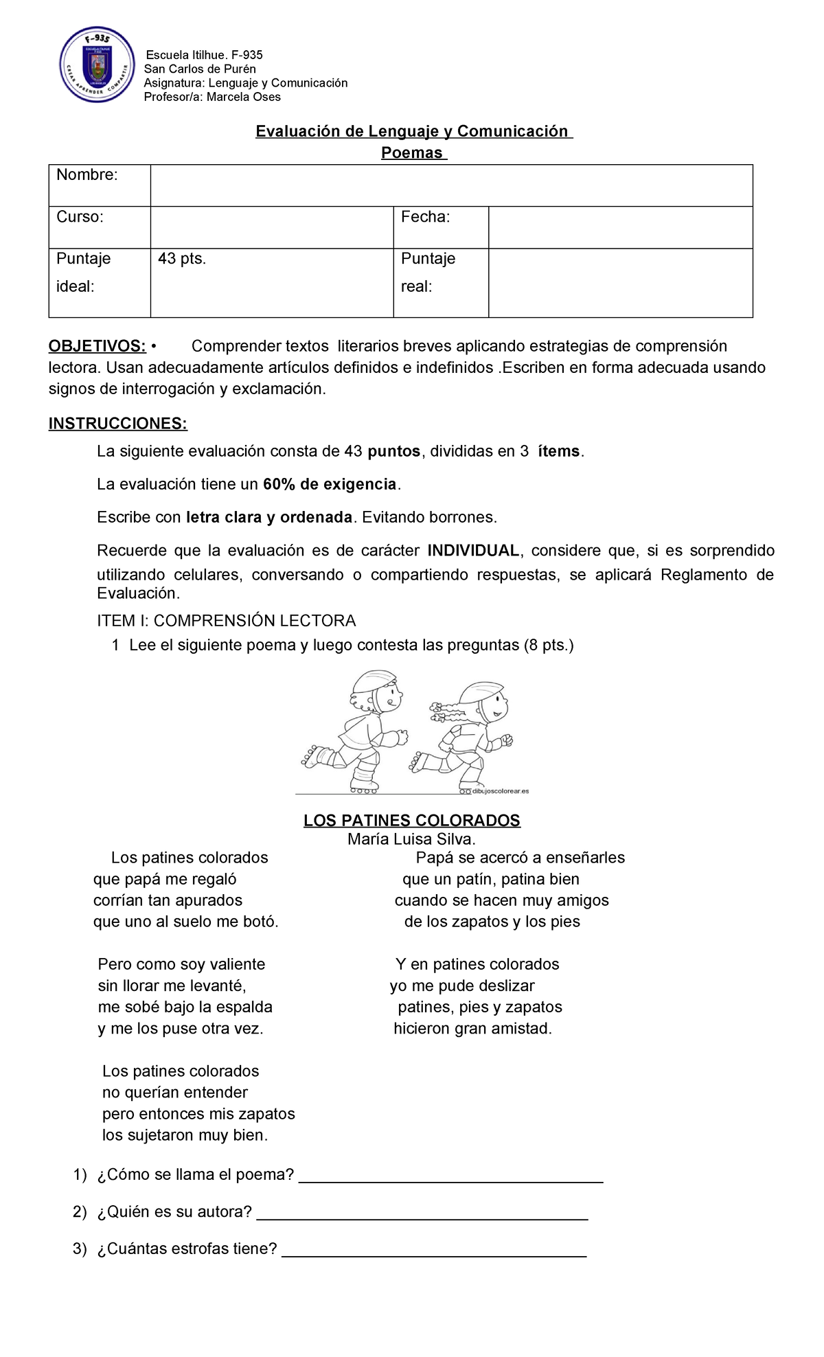 Prueba poema - San Carlos de Purén Asignatura: Lenguaje y Comunicación ...