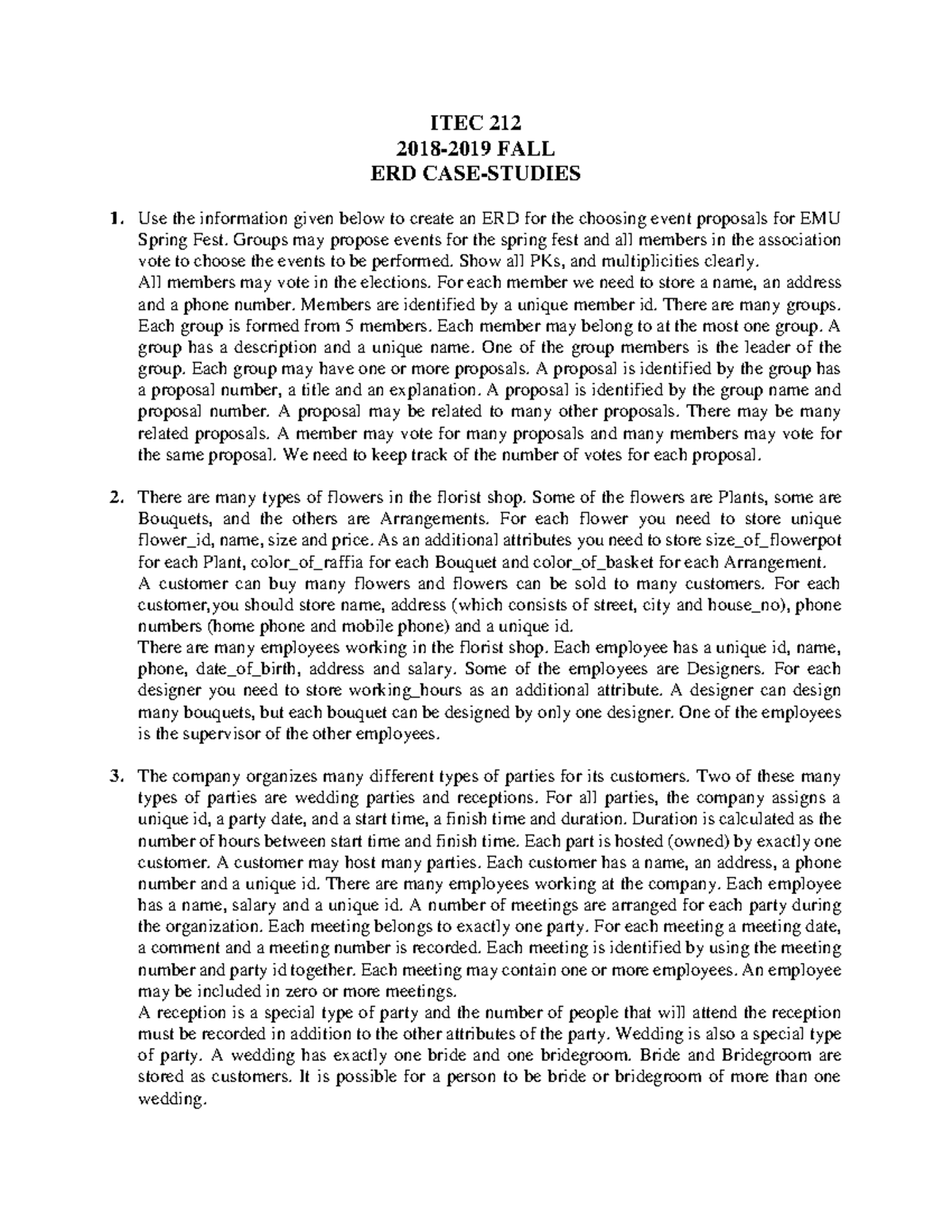 ERD Case Studies - erd questions - ITEC 212 2018-2019 FALL ERD CASE ...