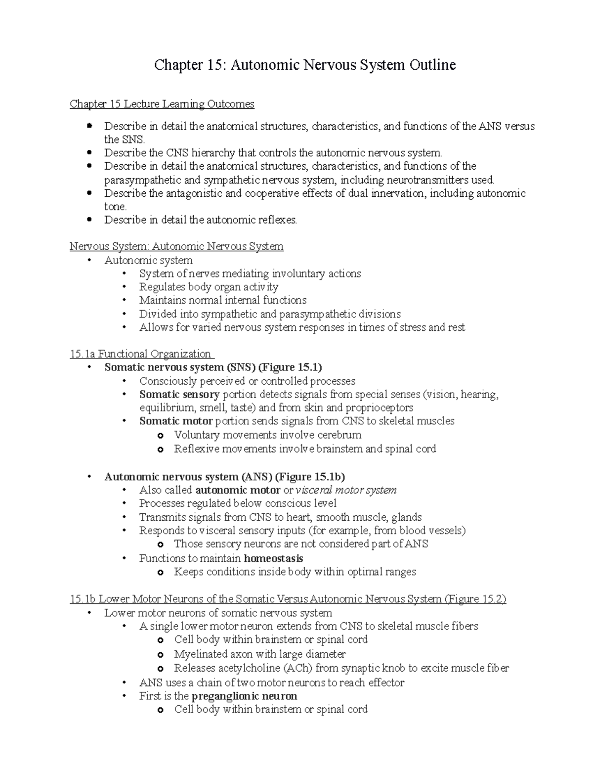 Lecture Outline Chapter 15 Autonomic Nervous System Chapter 15 Autonomic Nervous System