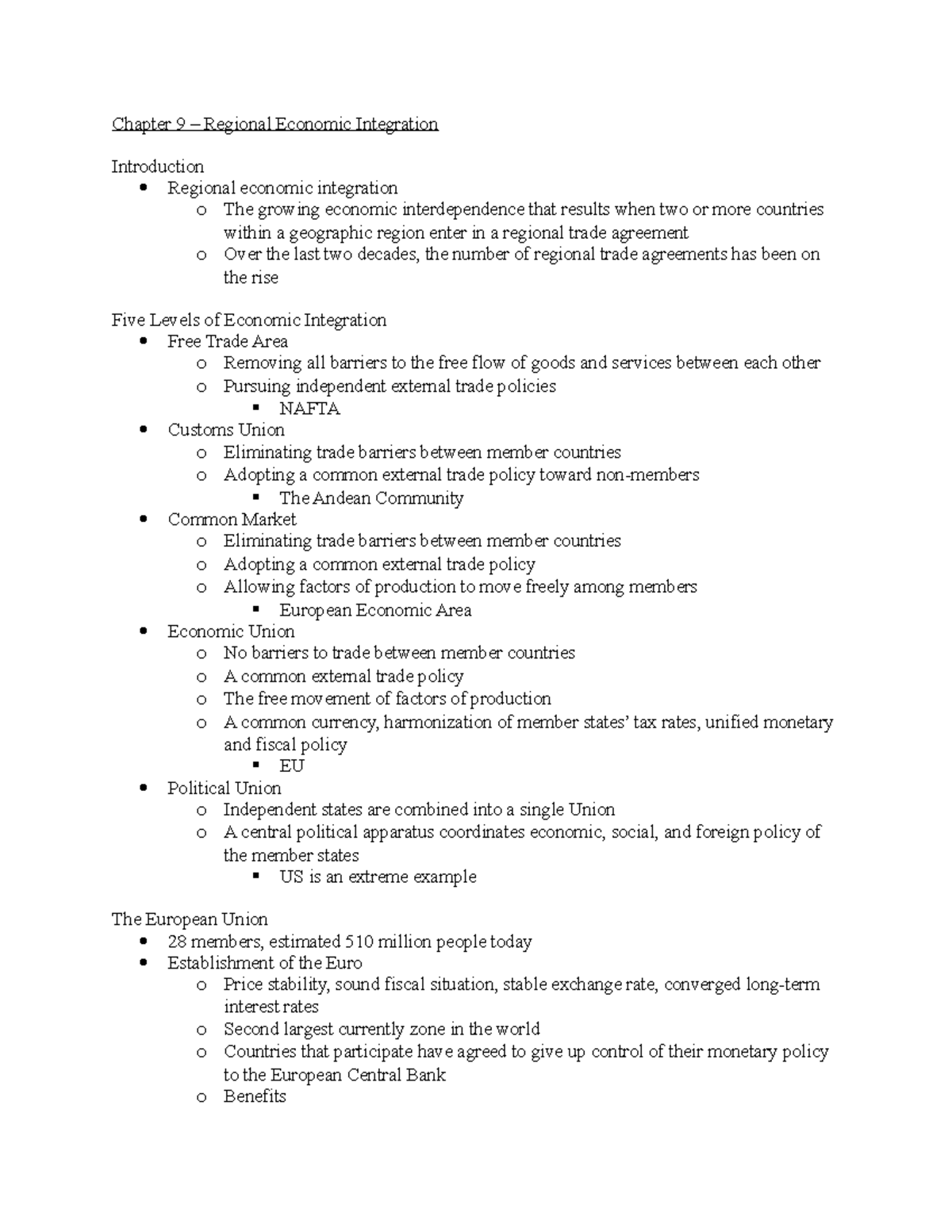 Chapter 9 - Lecture notes 9 - Chapter 9 – Regional Economic Integration ...