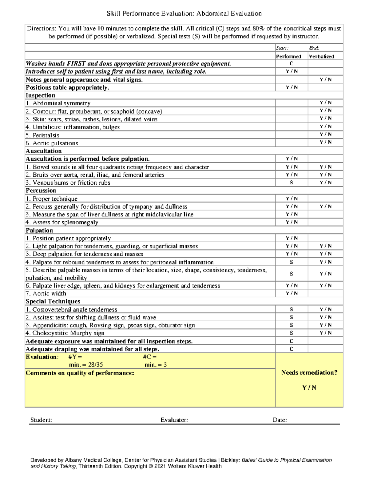 Abdominal Examination, Skill Performance Evaluation - Skill Performance ...
