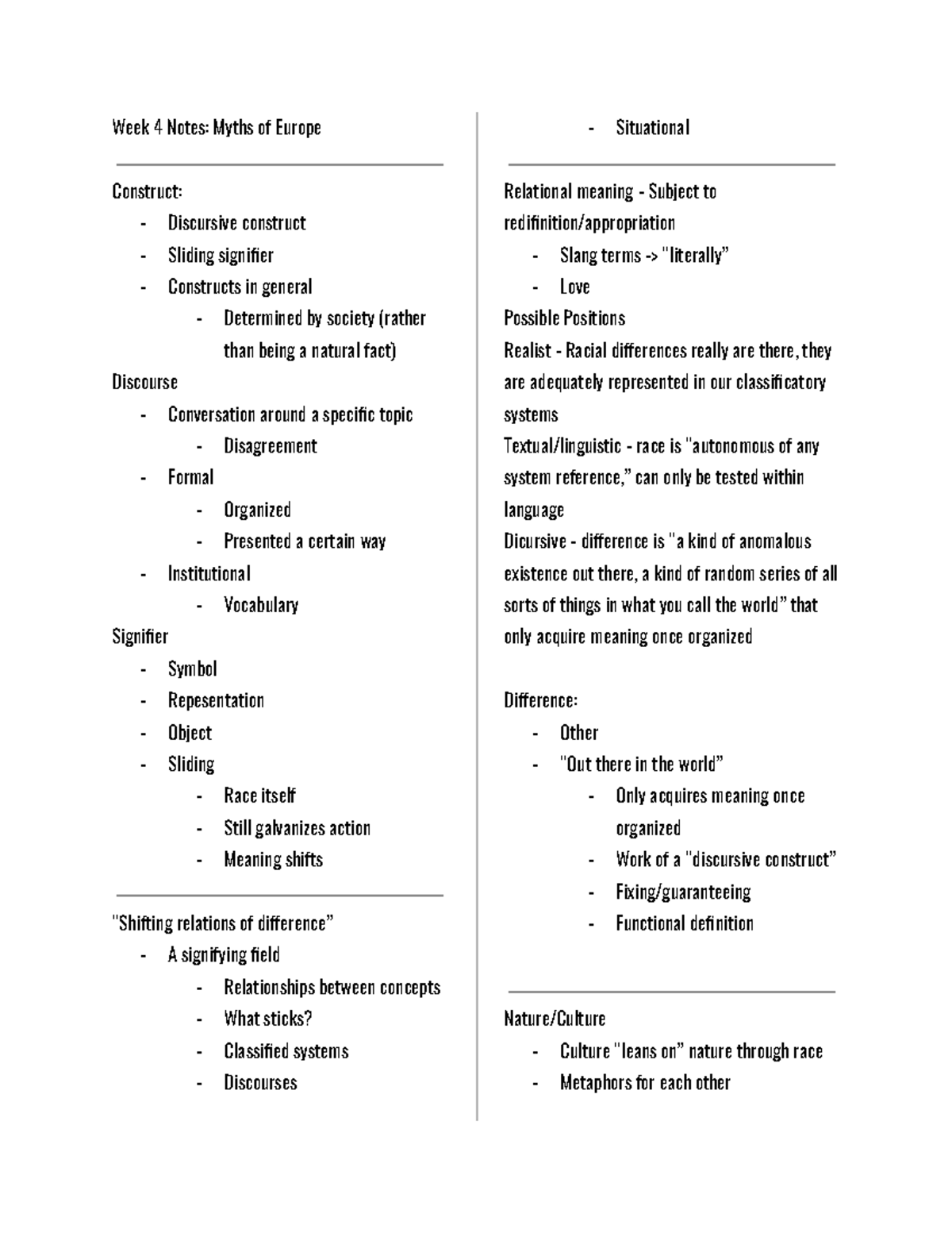 Week 4 Notes - Week 4 Notes: Myths of Europe Construct: - Discursive ...