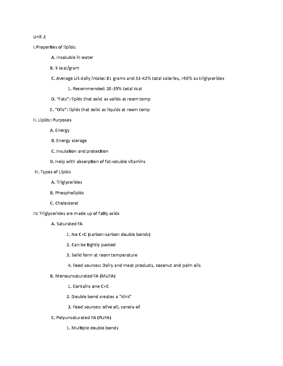 Nutrition Unit 2 - Lecture notes all - Unit 2 I of lipids: A. Insoluble ...