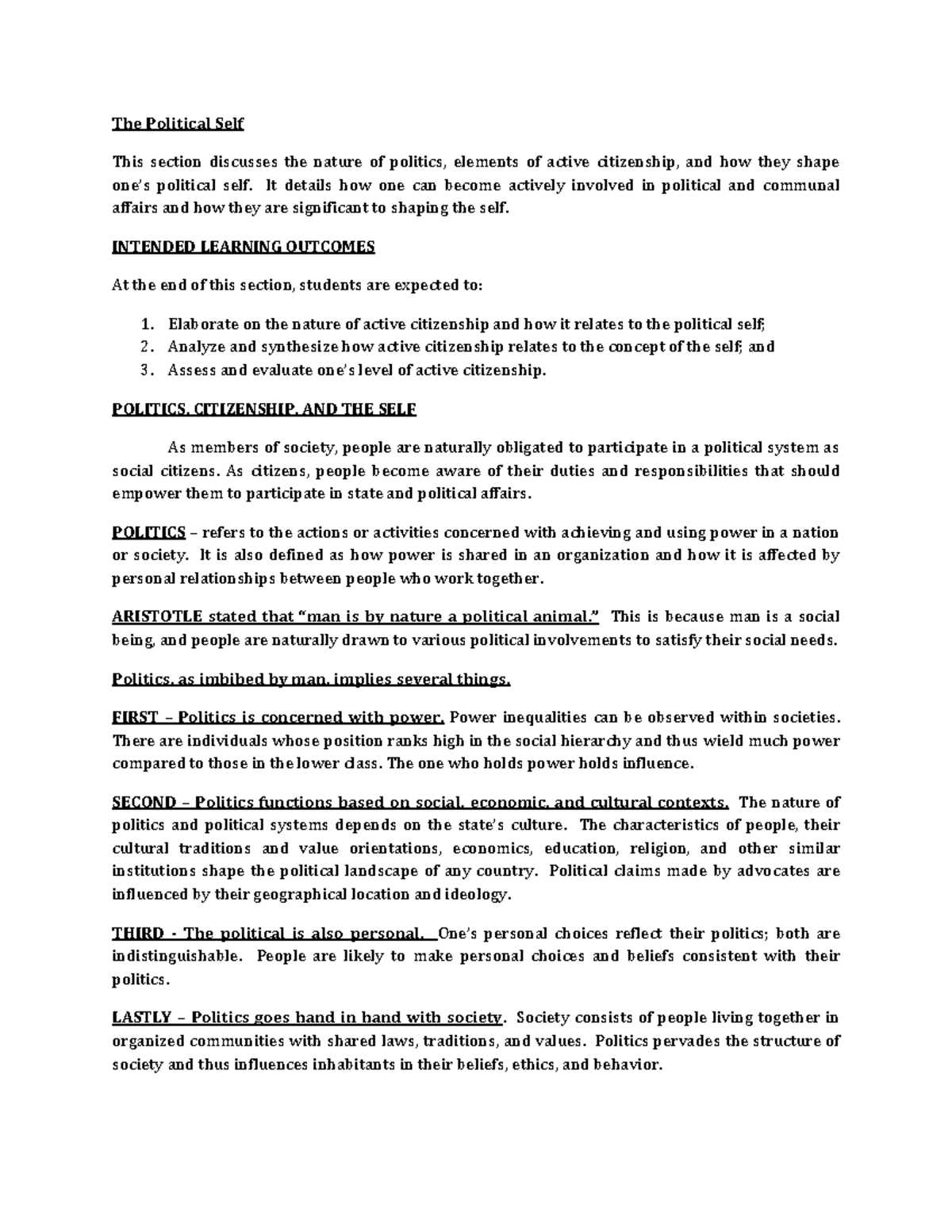 1ST- Topic-The-Political-Self - The Political Self This section ...