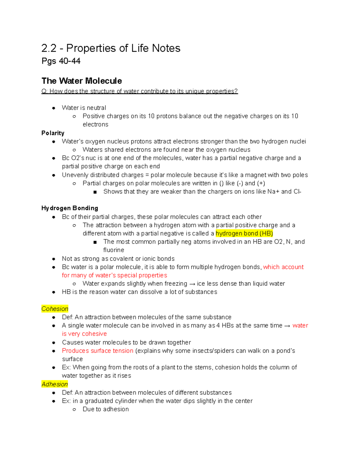2.2 - Properties of Life Notes - 2 - Properties of Life Notes Pgs 40 ...