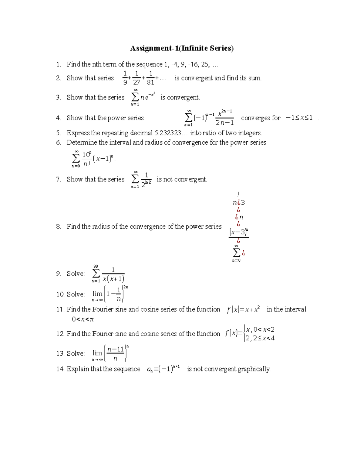 Assignment Infinite series - Assignment-1(Infinite Series) Find the nth ...