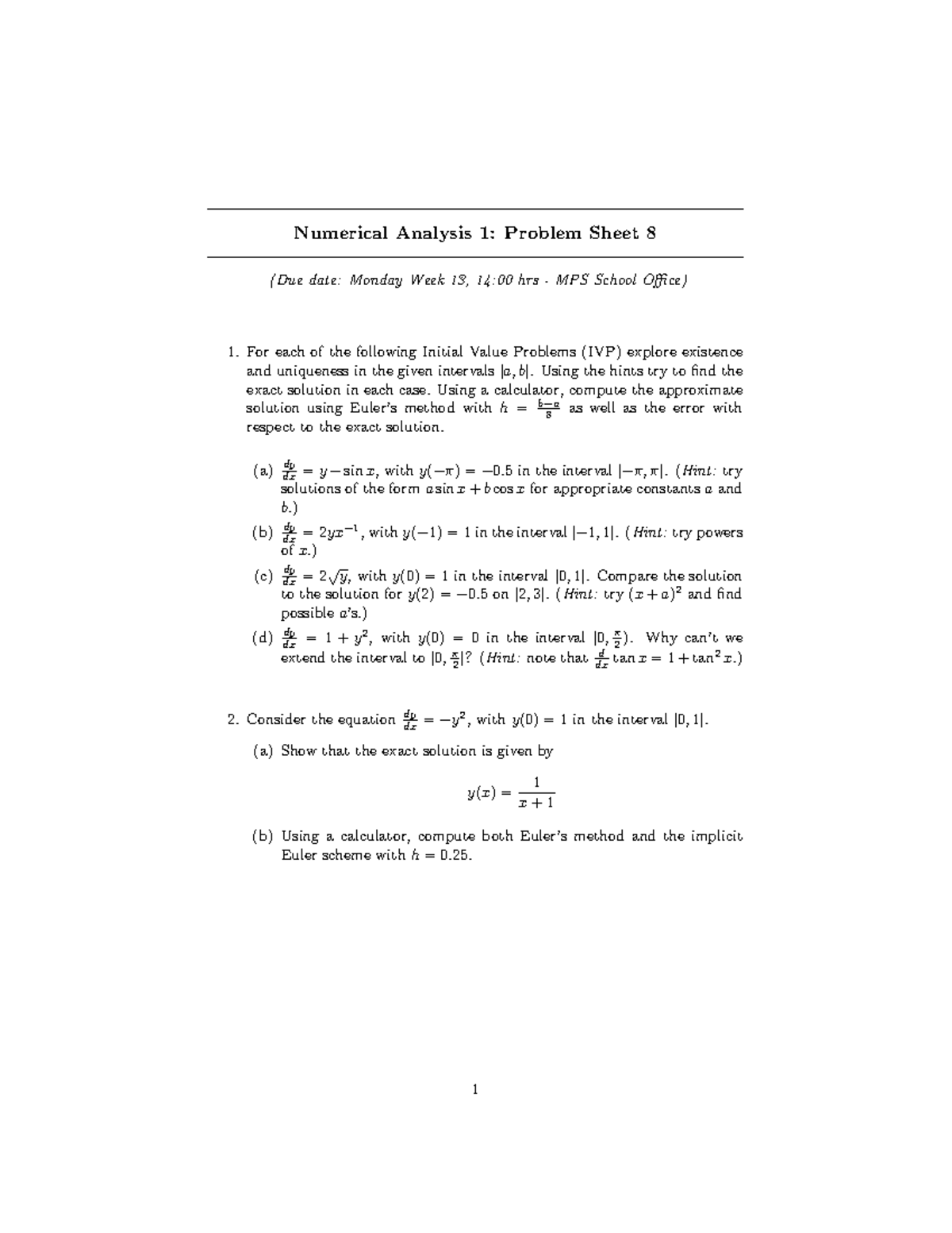 Numerical Analysis 1 HW8 - Numerical Analysis 1: Problem Sheet 8 (Due ...