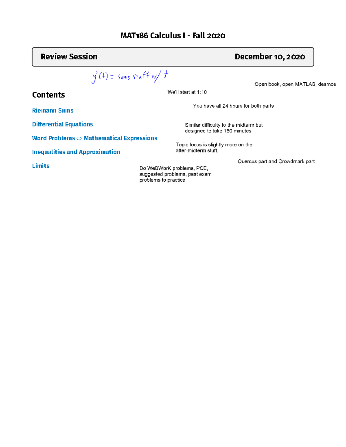 MAT186 H1Exam Jam with solutions - MAT186 Calculus I - Fall 2020 Review ...