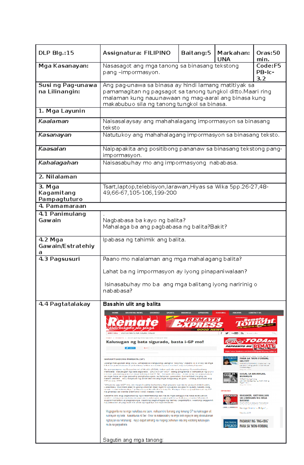 DLP-Blg-15 - N/A I don't want to say. - DLP Blg.:15 Assignatura: FILIPINO Baitang:5 Markahan ...