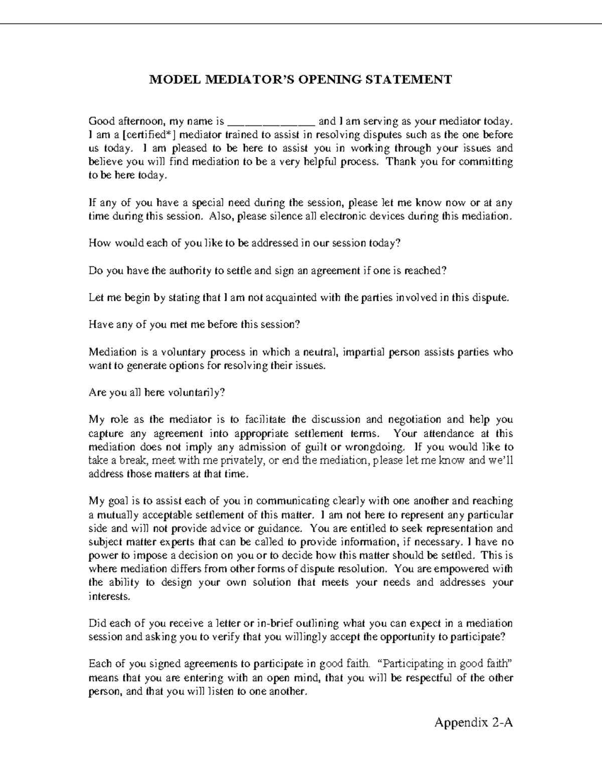 Model mediator statementcheck - MODEL MEDIATOR’S OPENING STATEMENT Good ...