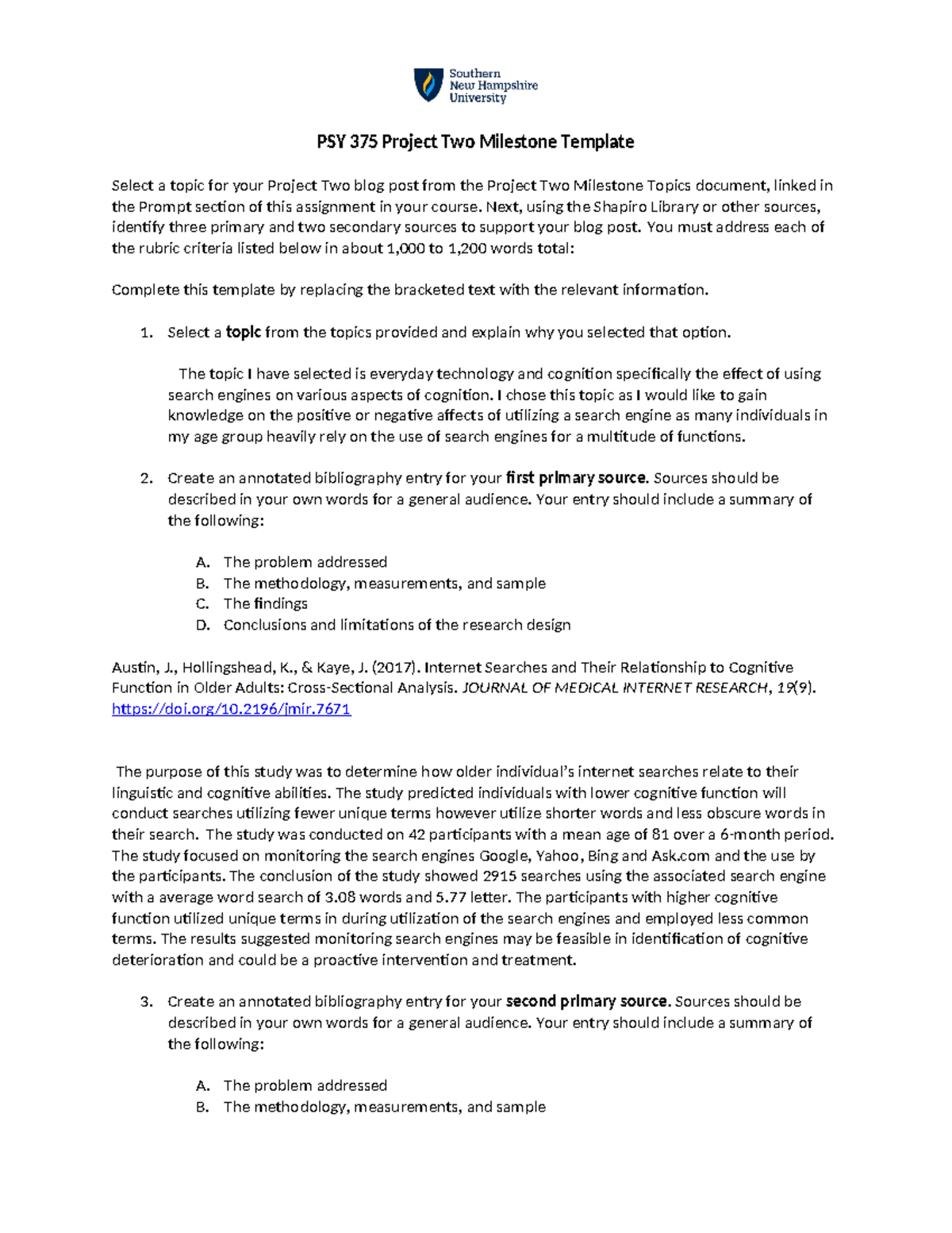 PSY 375 Project Two Milestone Template - PSY 375 Project Two Milestone ...