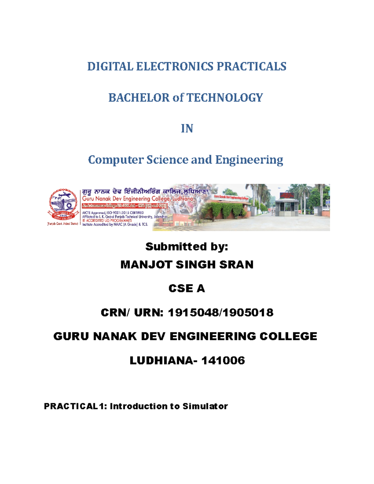 DE Practical 1 - Introduction to Simulator - DIGITAL ELECTRONICS ...