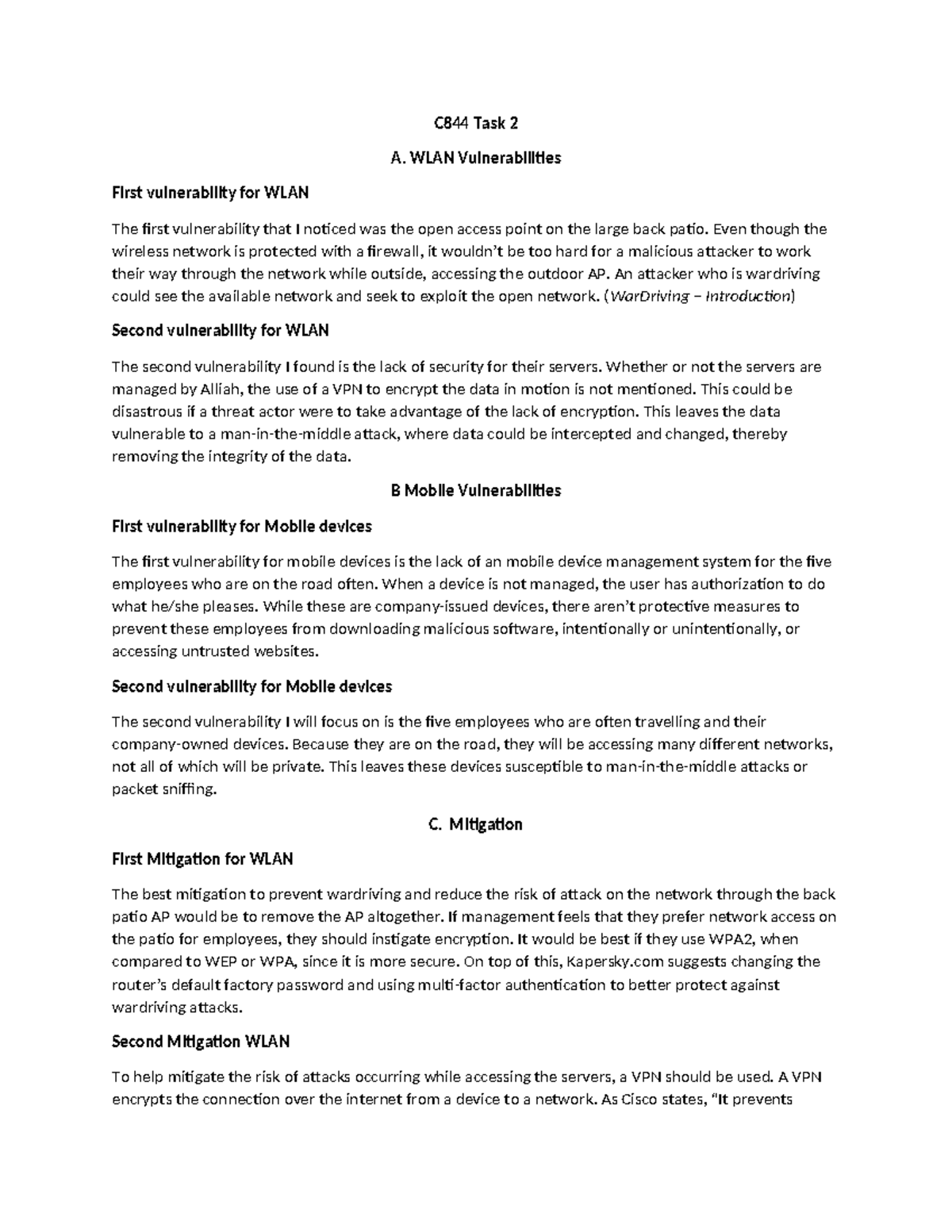 C844 Task 2 - Passed first try. - C844 Task 2 A. WLAN Vulnerabilities First vulnerability for ...