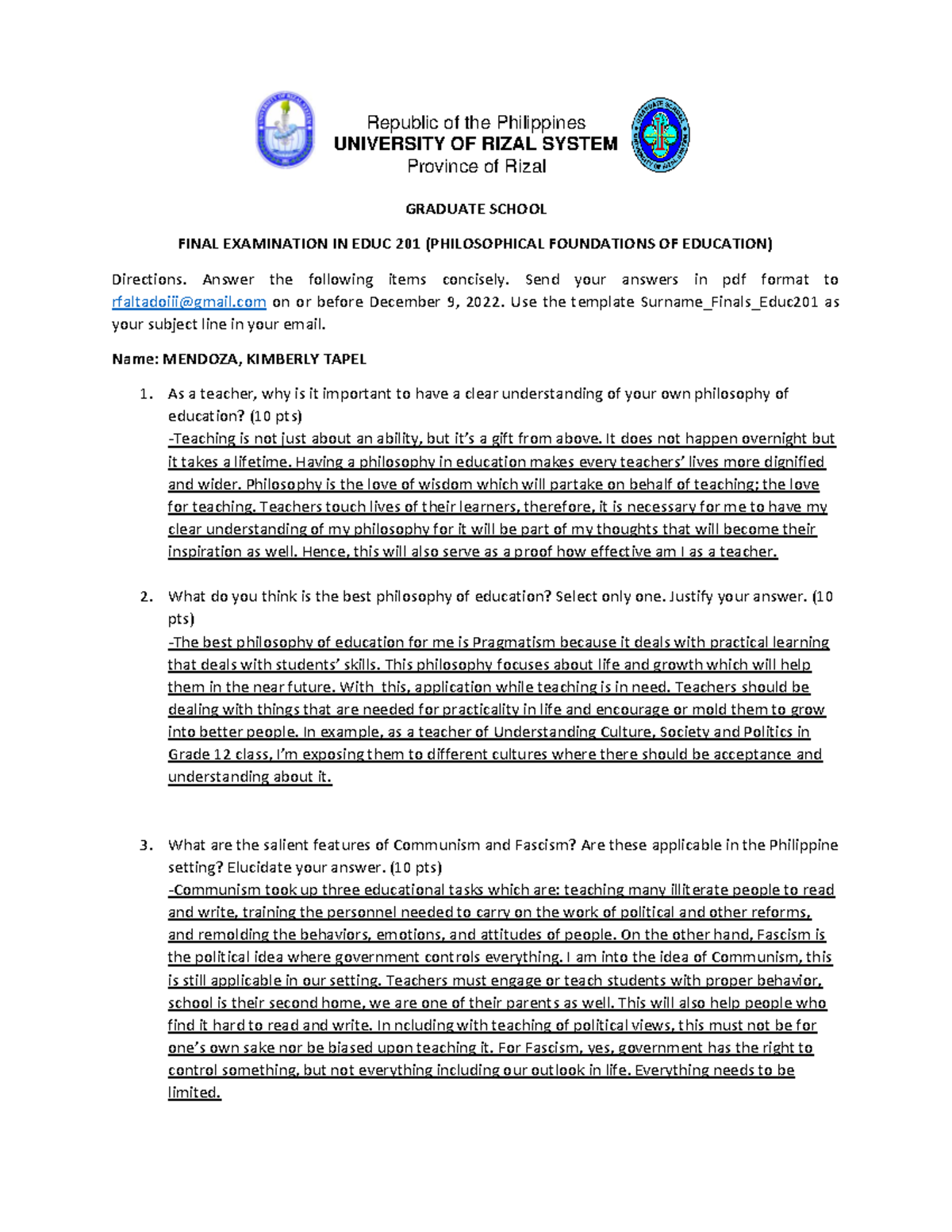 Mendoza Finals Educ201 - Republic of the Philippines UNIVERSITY OF ...