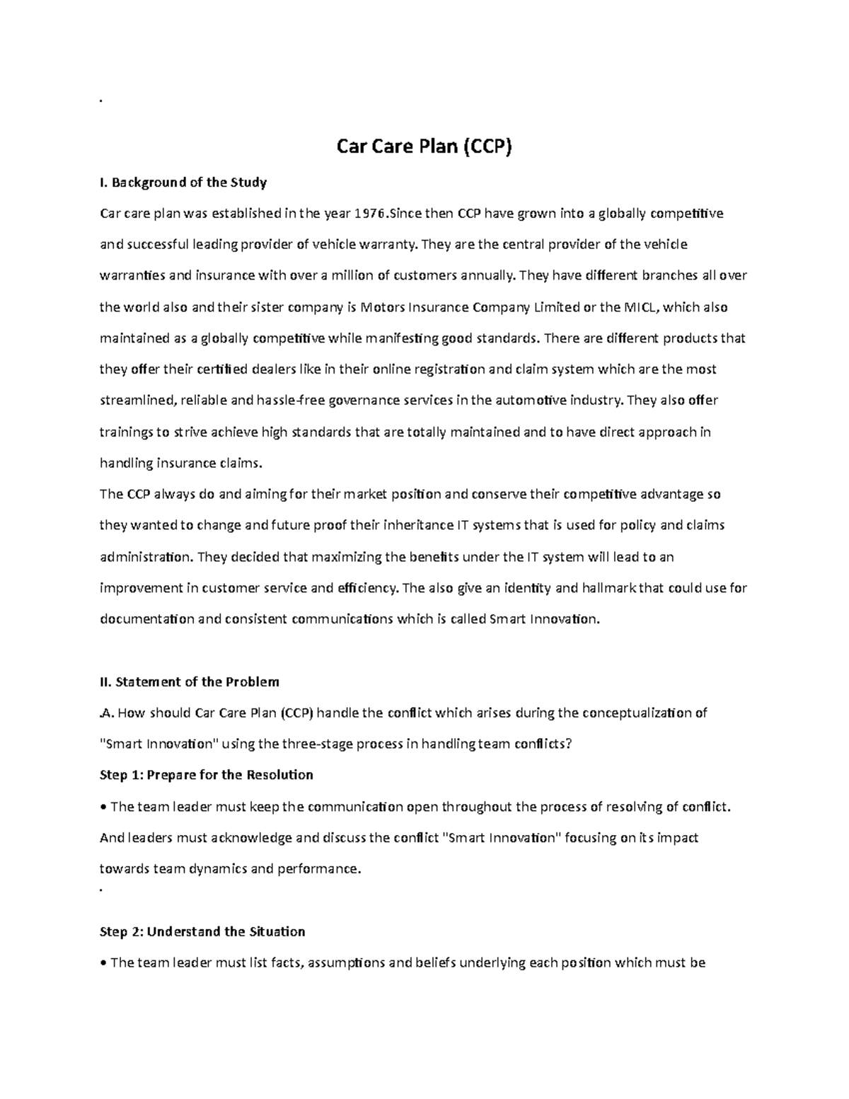 CCP - Case Study - Car Care Plan (CCP) I. Background of the Study Car ...