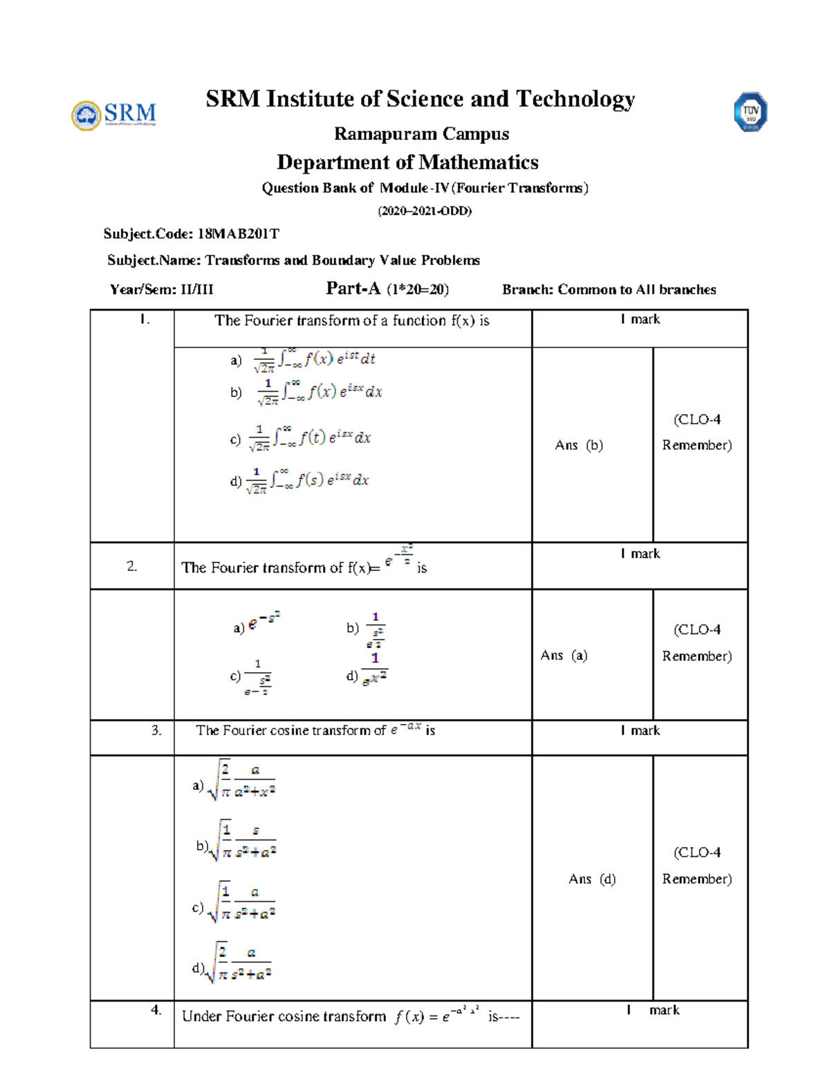 Unit IV Part A - Transforms And Boundary Value Problems 18MAB201 - SRM ...
