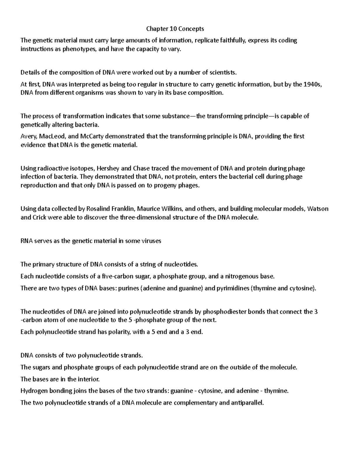 Genetics Chapter 10 Concepts - Chapter 10 Concepts The genetic material ...