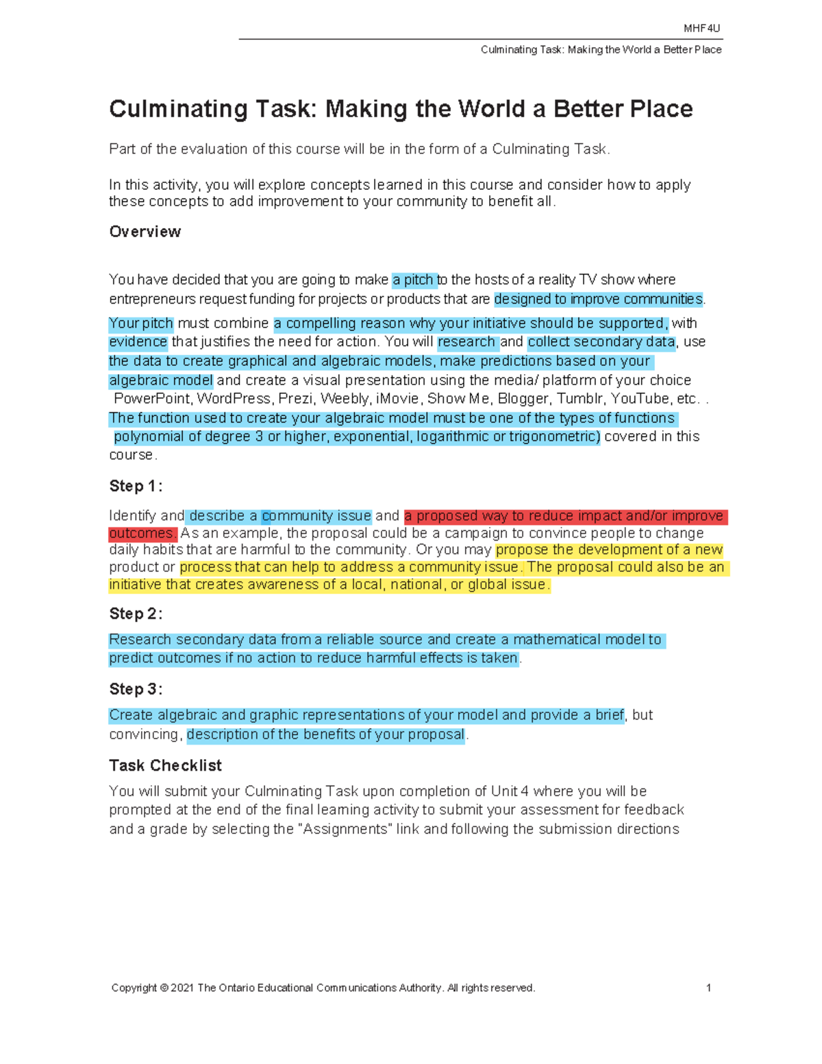 Mhf4u Culminating Task, Making the World a Better Place ...