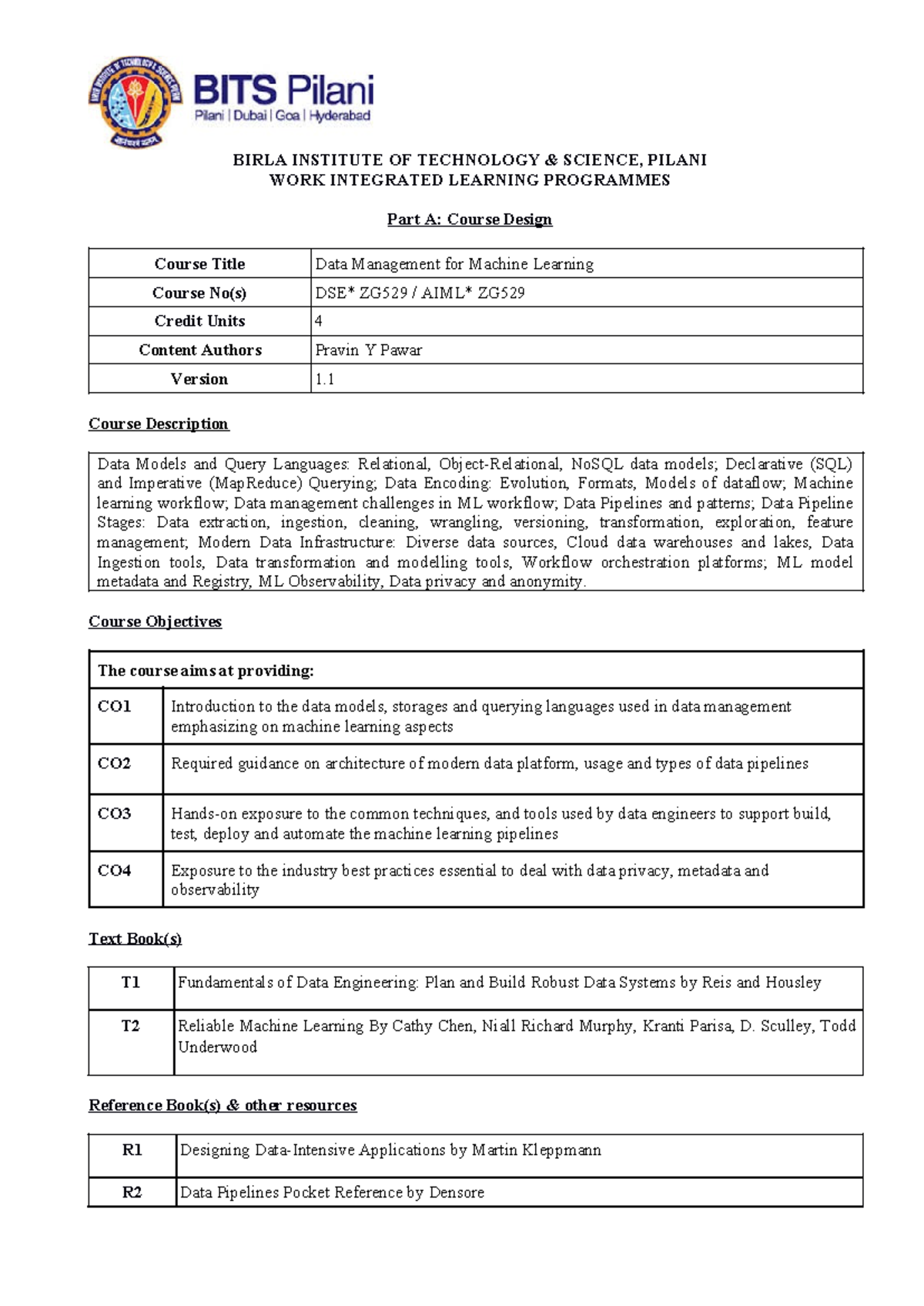 Data Management for Machine Learning - Course Description Data Models and Query Languages: - Studocu