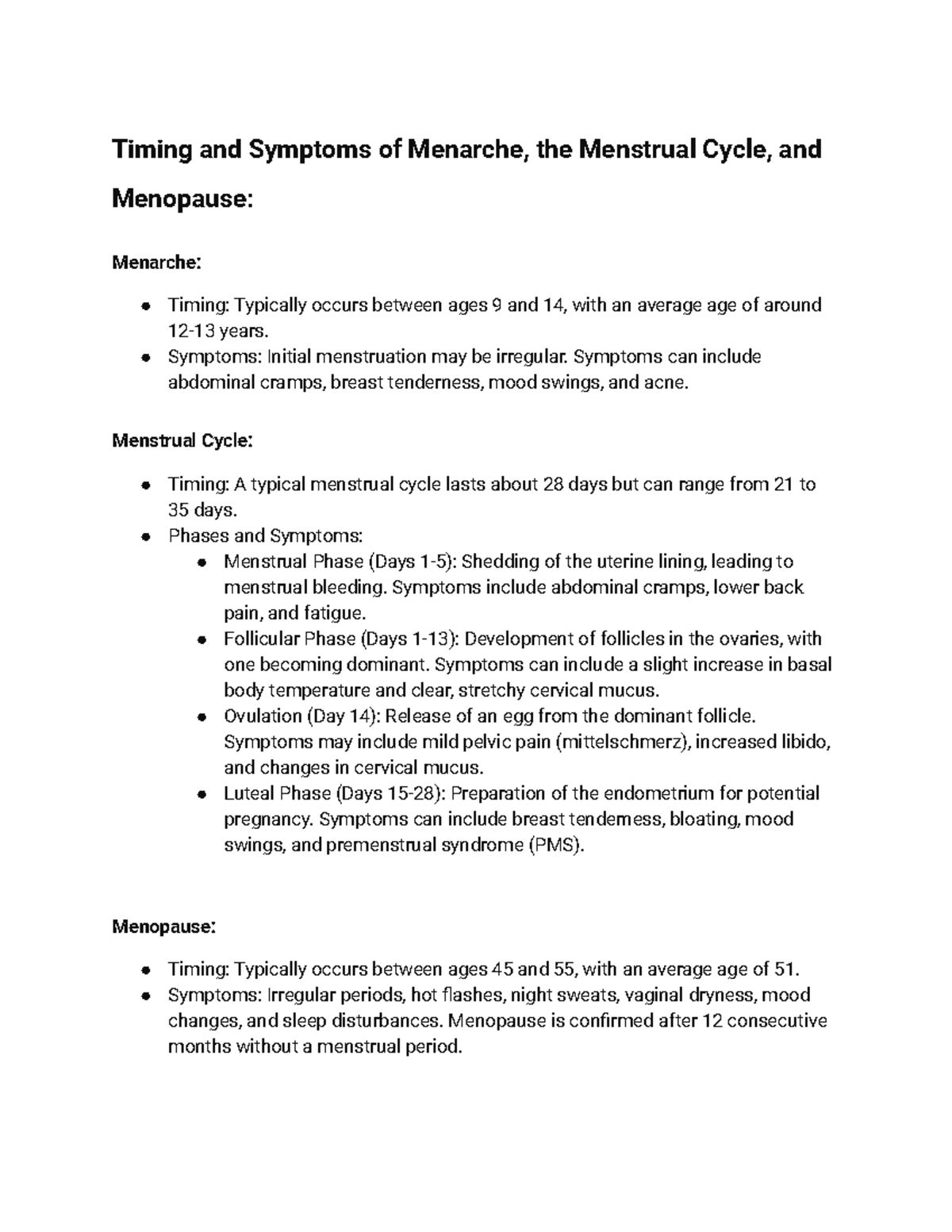 Exam 1 overview questions - Timing and Symptoms of Menarche, the ...
