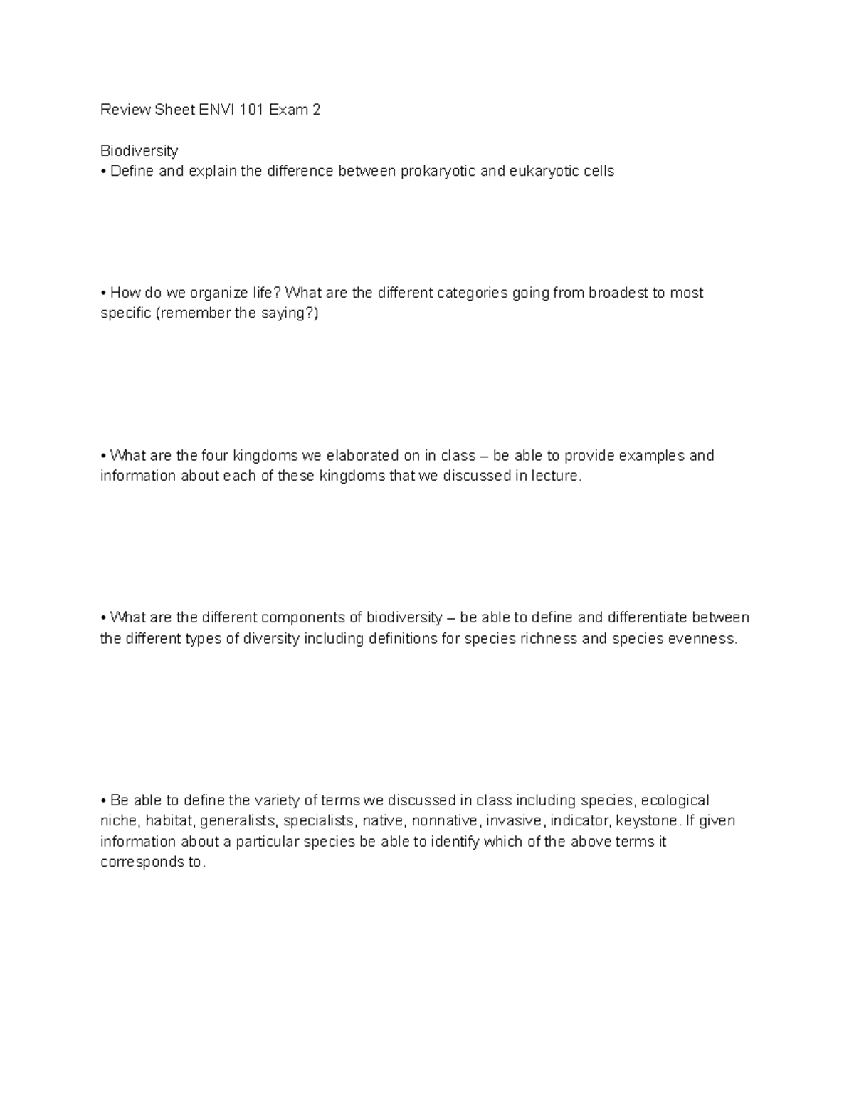 ENVI Exam 2 Review - Review Sheet ENVI 101 Exam 2Biodiversity• Define and explain the difference ...