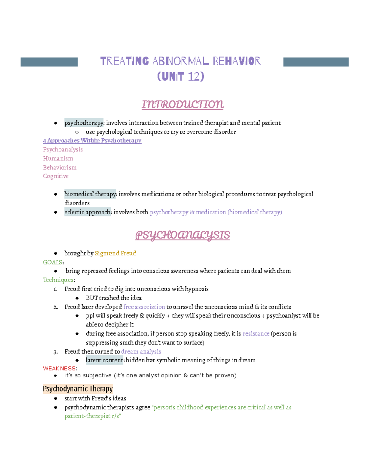 Unit 12 Treating Abnormal Behavior - TreATinG AbNorMAl BehAViOr (unIT ...