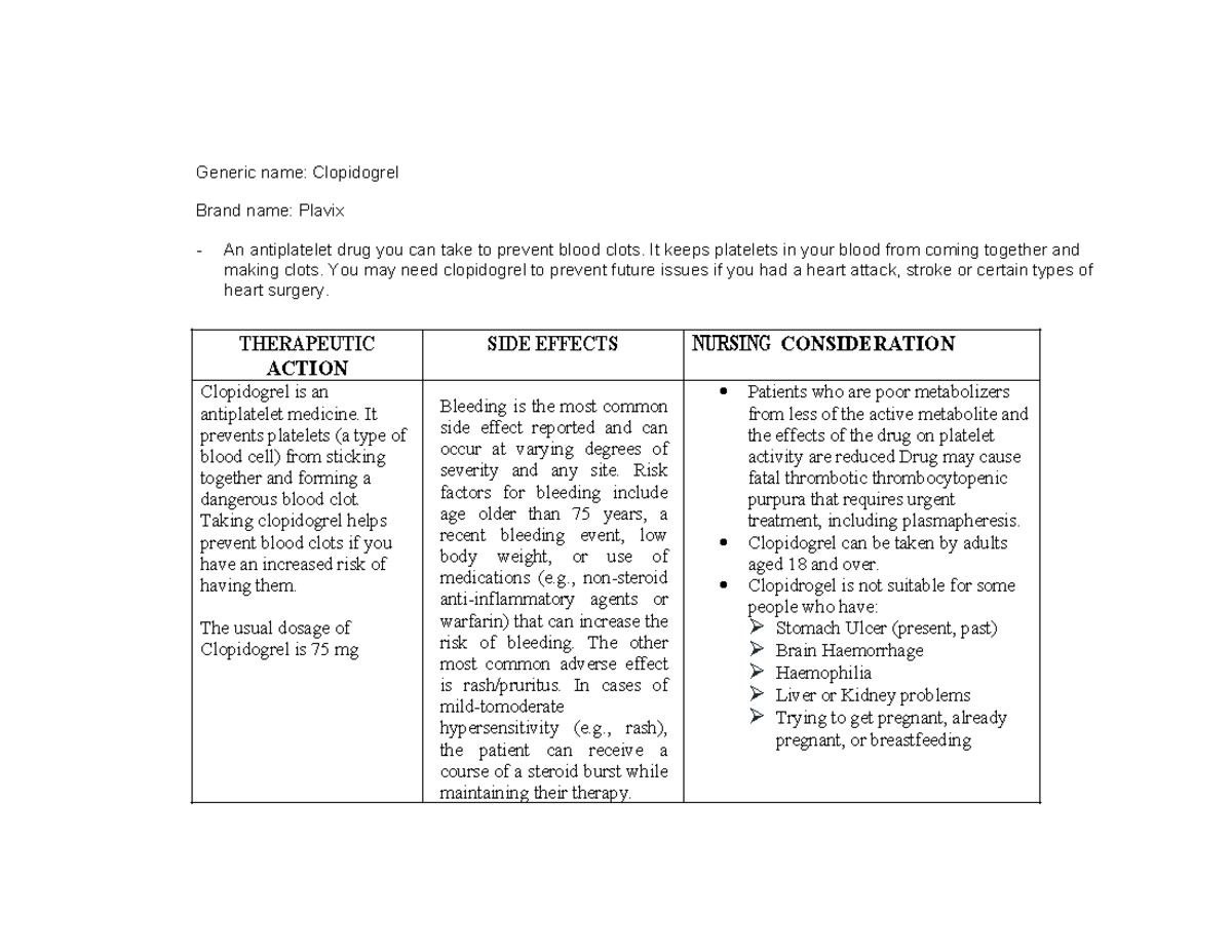 Clopidogrel - Drug Study - Generic name: Clopidogrel Brand name: Plavix ...