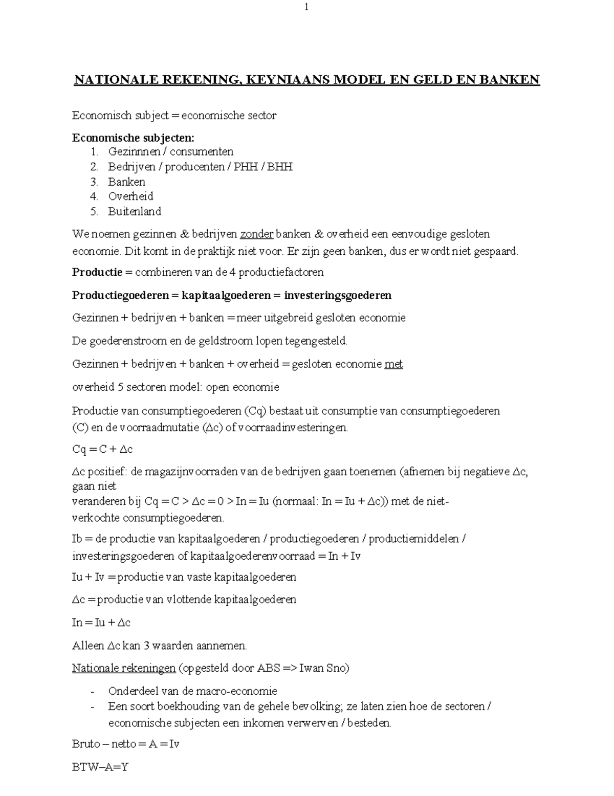 Samenv. Nat.rek, Key.model en geld en banken - NATIONALE REKENING ...