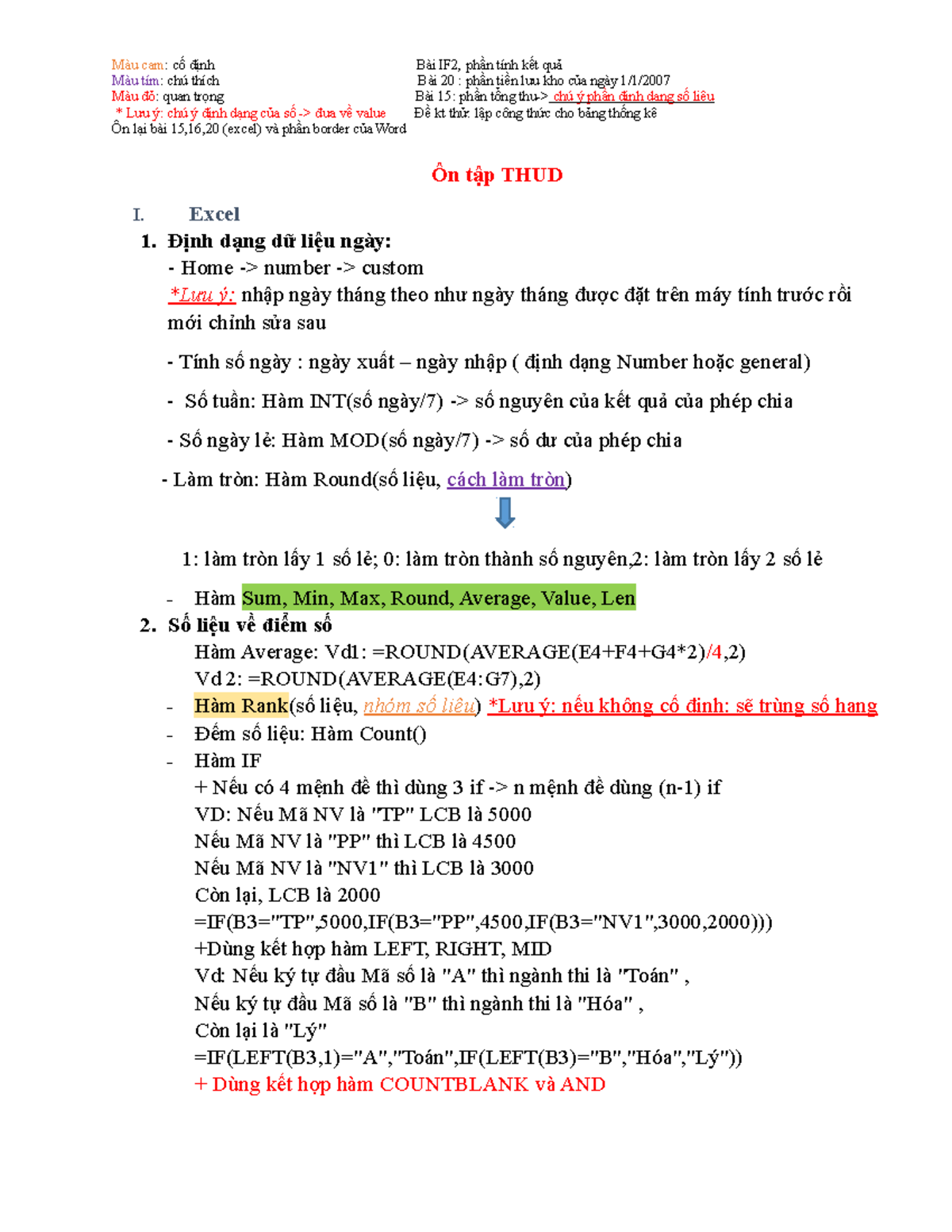 Ôn tập THUD excel - Một vài tips ôn tập - Màu tím: chú thích Bài 20 : phần tiền lưu kho của ngày ...