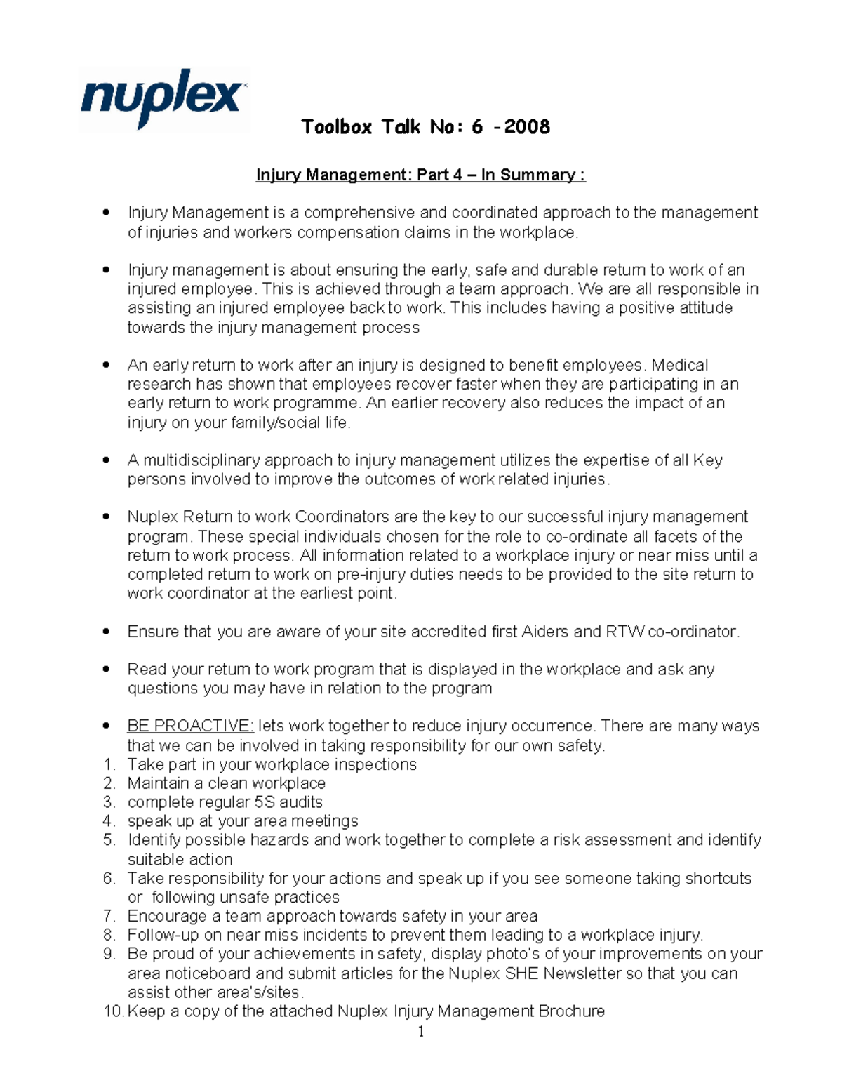 Toolbox Talk No 6 - 2008 IM4 - Toolbox Talk No: 6 - Injury Management ...