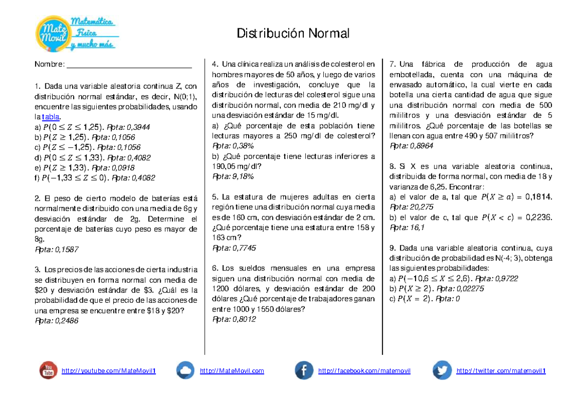 Distribución Normal Ejercicios Propuestos PDF - Dist ribución Normal ht t p:/ / yout ube / M at ...