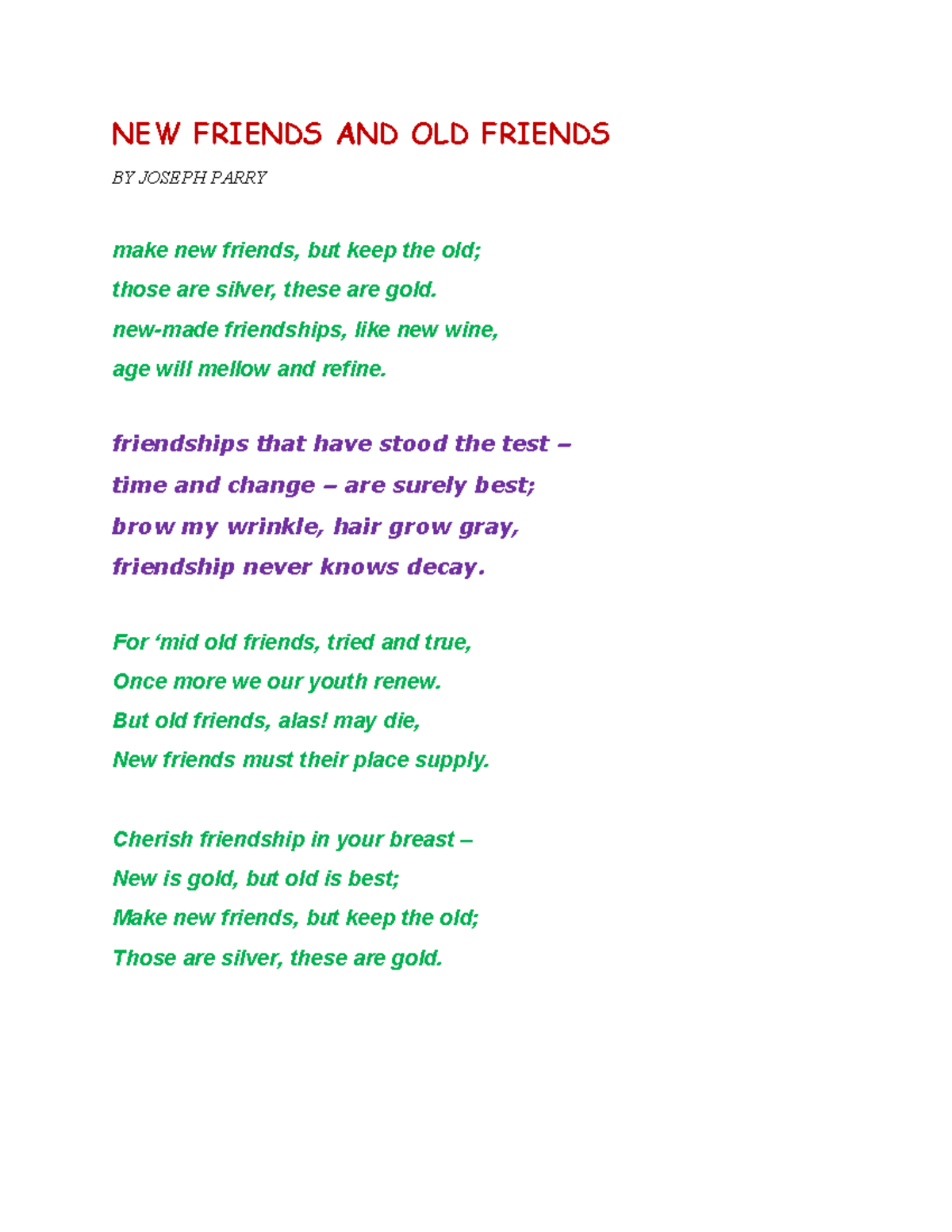 Activity 5- LNA - NEW FRIENDS AND OLD FRIENDS BY JOSEPH PARRY make new ...