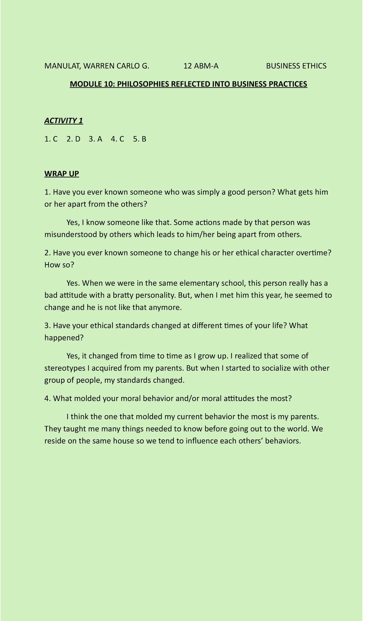 Ethics 10 business ethics part 1 grade 12 - MANULAT, WARREN CARLO G. 12 ...