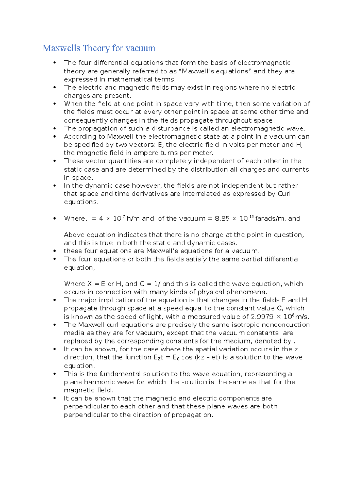 Maxwells Theory for vacuum-Study Guide - Maxwells Theory for vacuum The ...