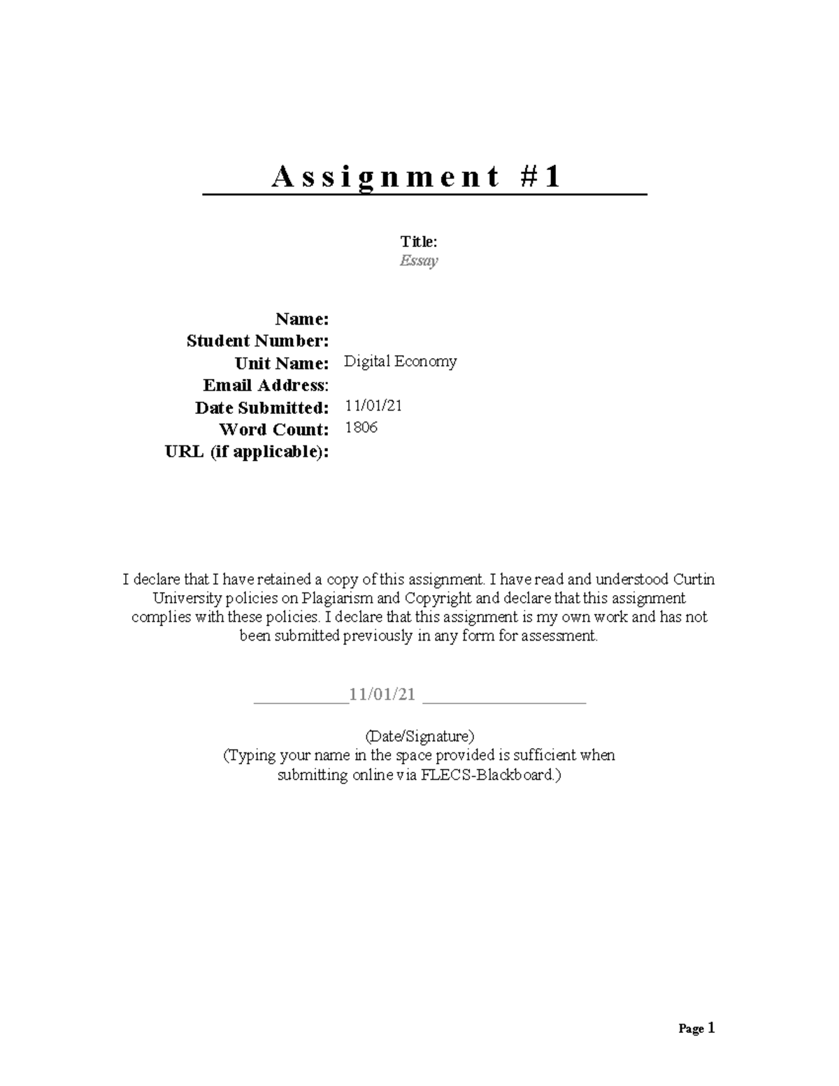 NETS2006 Written Essay - A s s i g n m e n t # 1 Title: Essay Name: Student Number: Unit Name ...