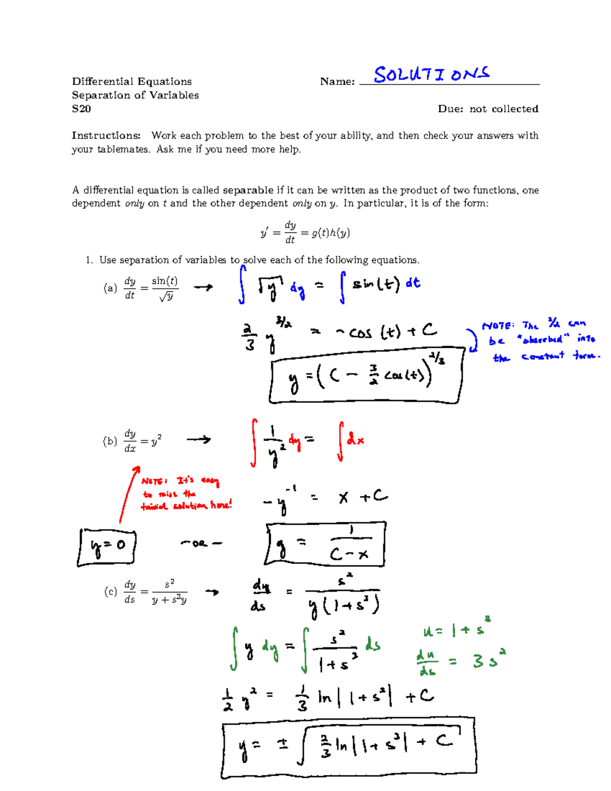 02-w1 Separation of Variables Solutions - Differential Equations Name ...