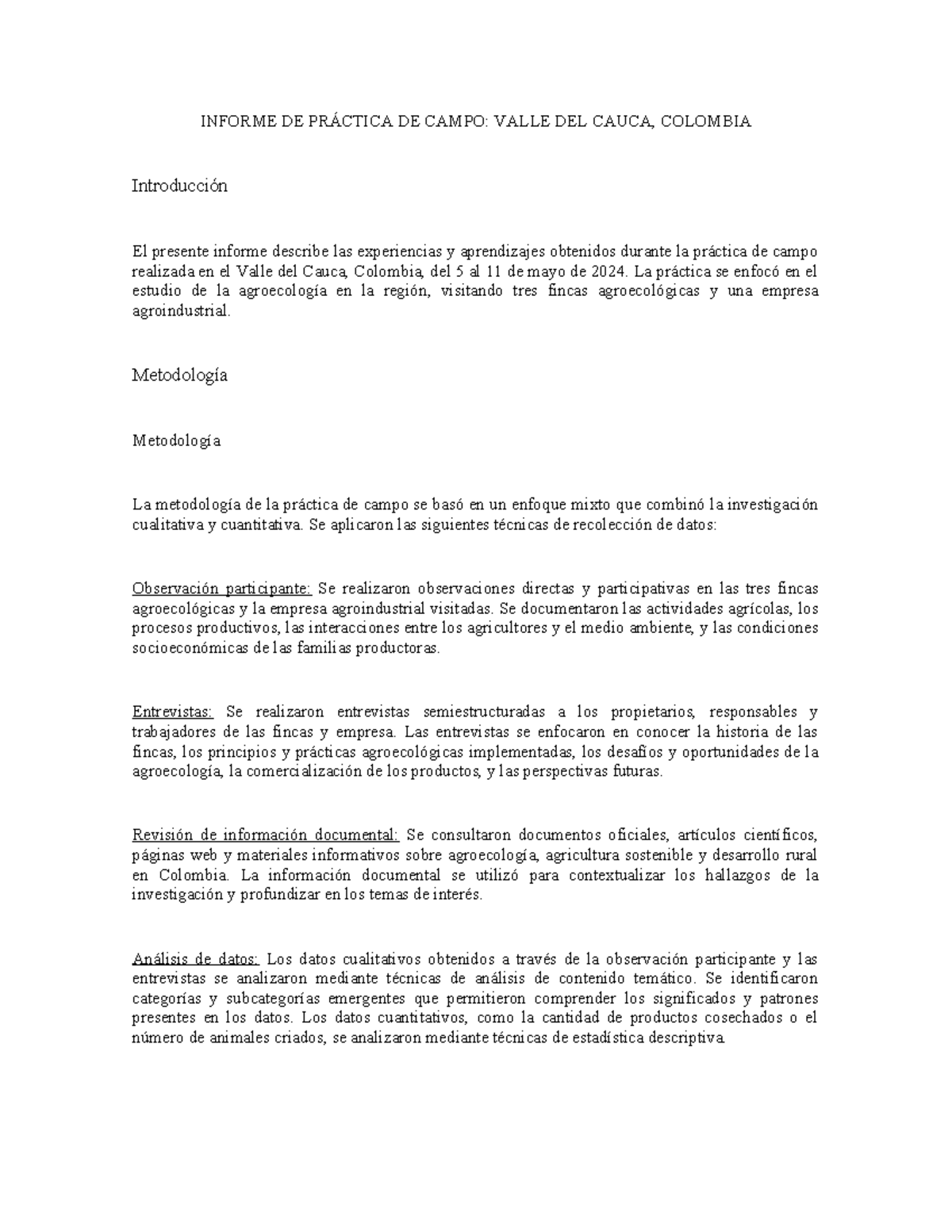 Informe DE Práctica DE Campo Valle - INFORME DE PRÁCTICA DE CAMPO: VALLE DEL CAUCA, COLOMBIA ...