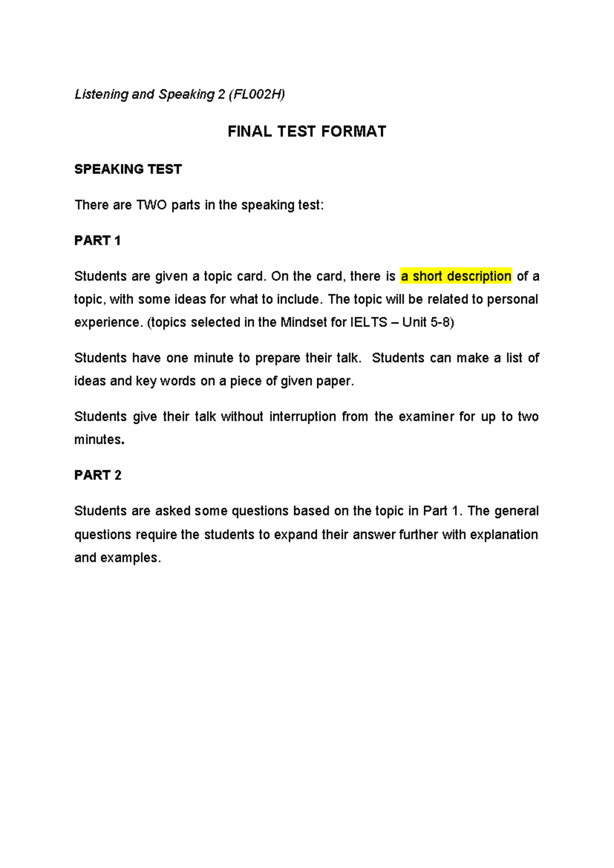 Speaking test - Listening and Speaking 2 (FL002H) FINAL TEST FORMAT ...