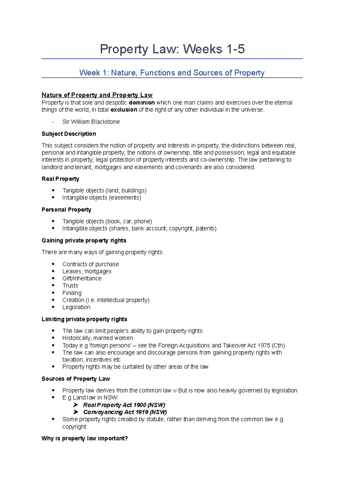 Property law Weeks 1 5 - Lecture notes 1-5 - Property Law: Weeks 1 ...