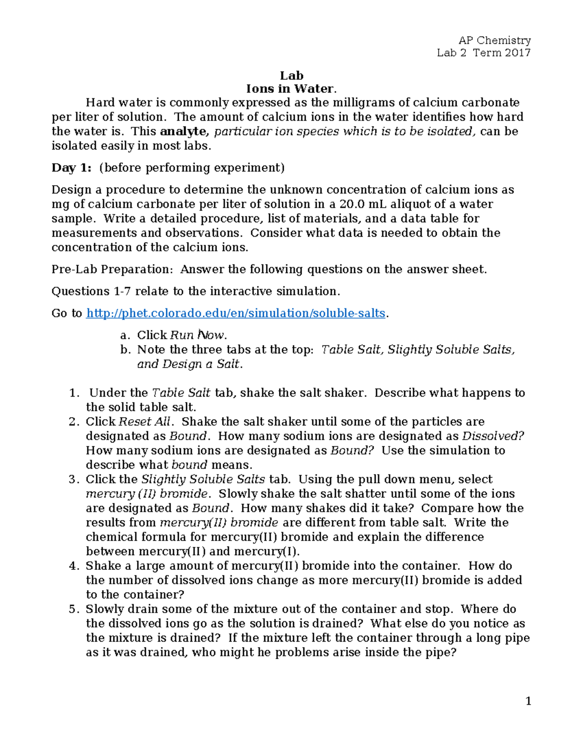 Hard water lab - Lab - AP Chemistry Lab 2 Term 2017 Lab Ions in Water ...