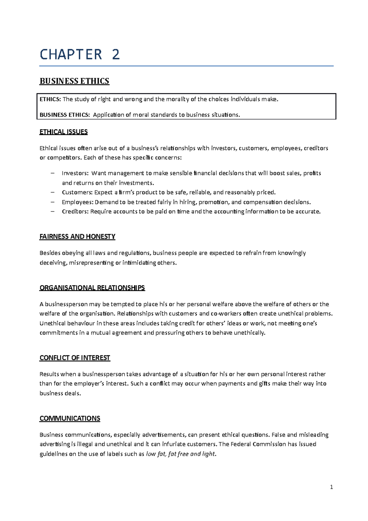 Chapter 2 - CHAPTER 2 BUSINESS ETHICS ETHICS: The study of right and ...