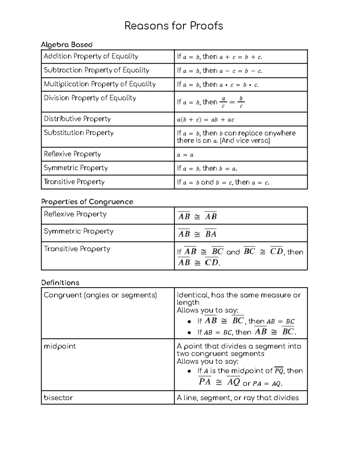 Reasons For Proofs Mathematical Logic - Reasons for Proofs Algebra ...