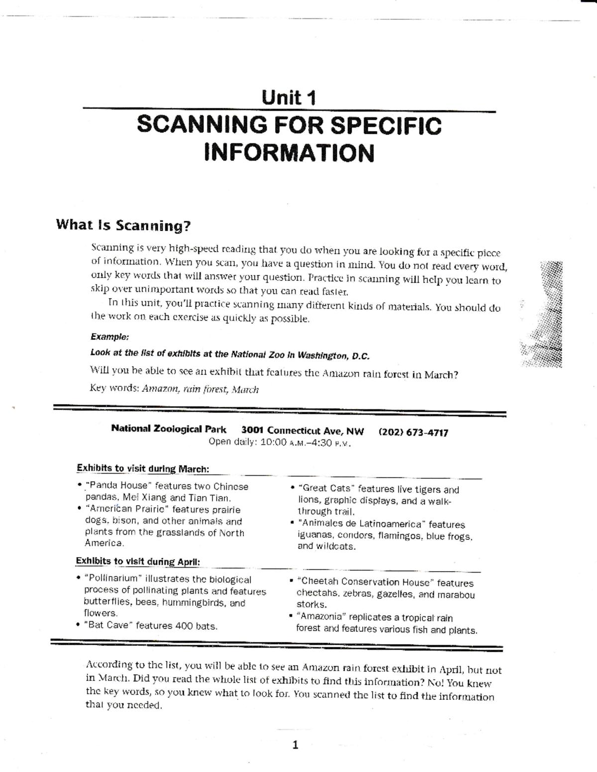 Reading Scanning For Specific Information Unit 1 SCANNING FOR