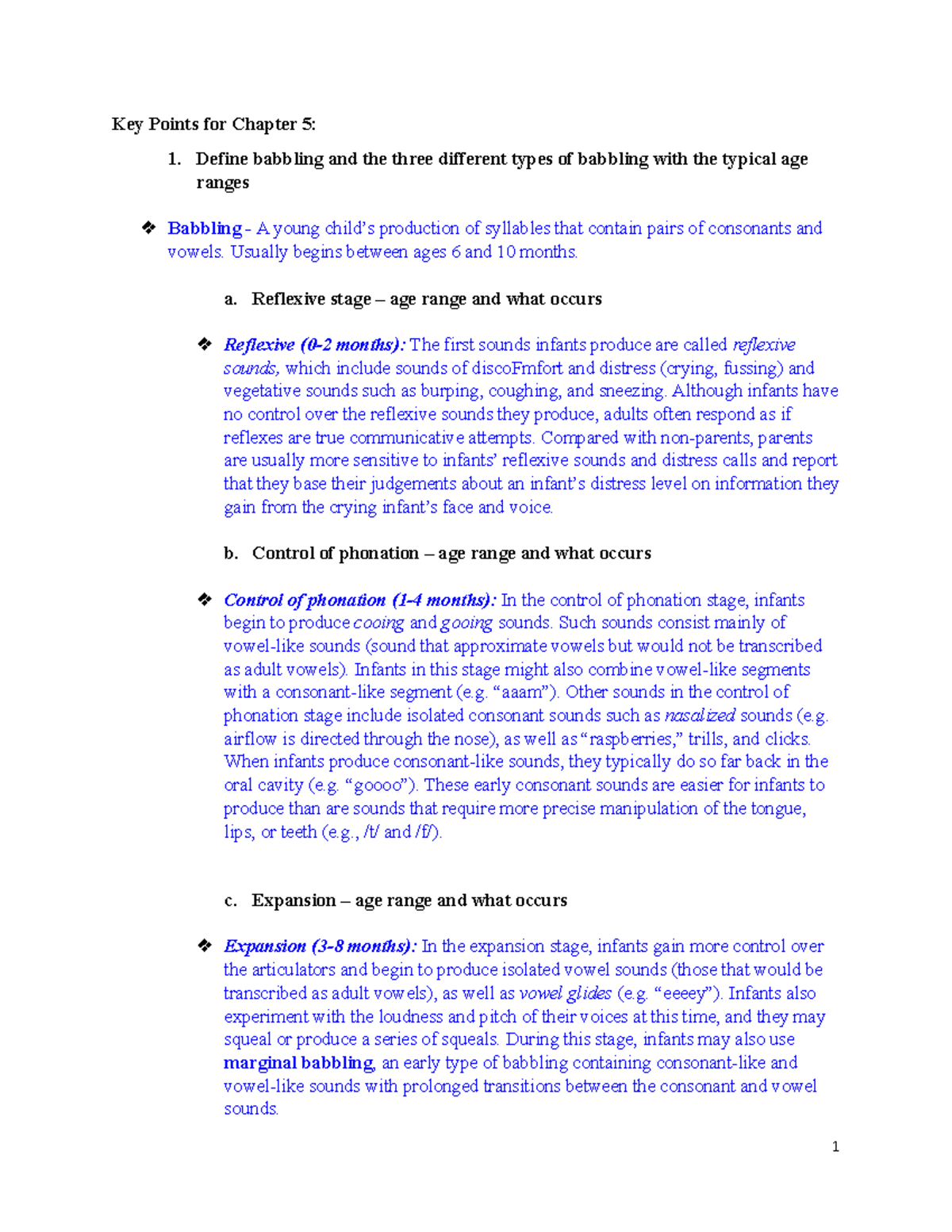 Study Guide Test 2 - Key Points for Chapter 5: Define babbling and the ...