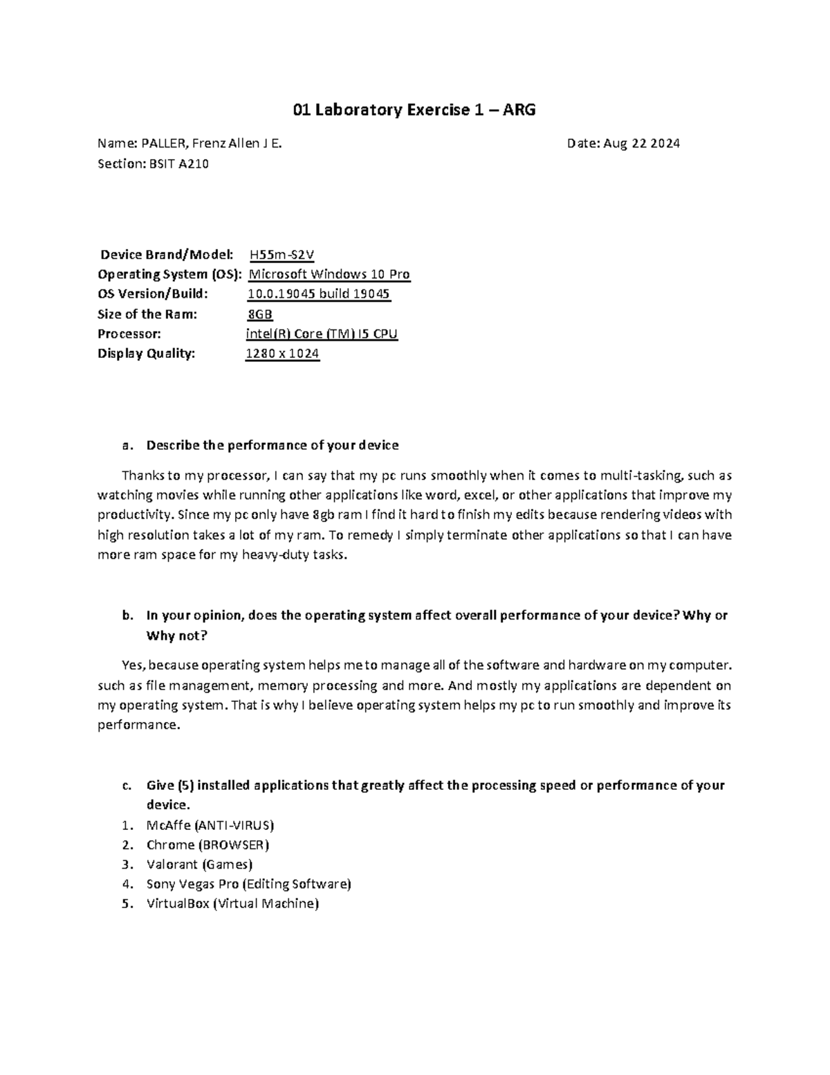 01 Laboratory Exercise 1 - 01 Laboratory Exercise 1 – ARG Name: PALLER ...