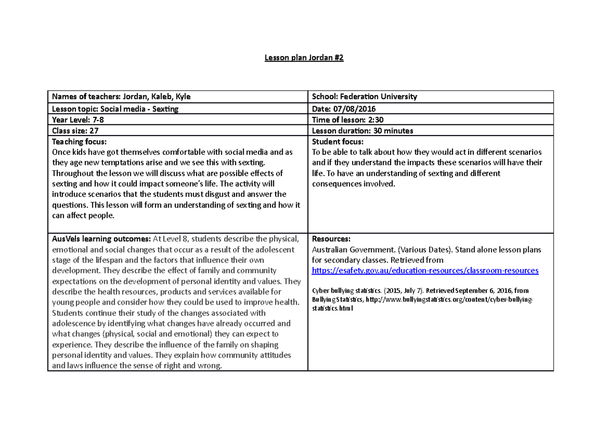 Lesson plan for social media class - Lesson plan Jordan # Names of ...