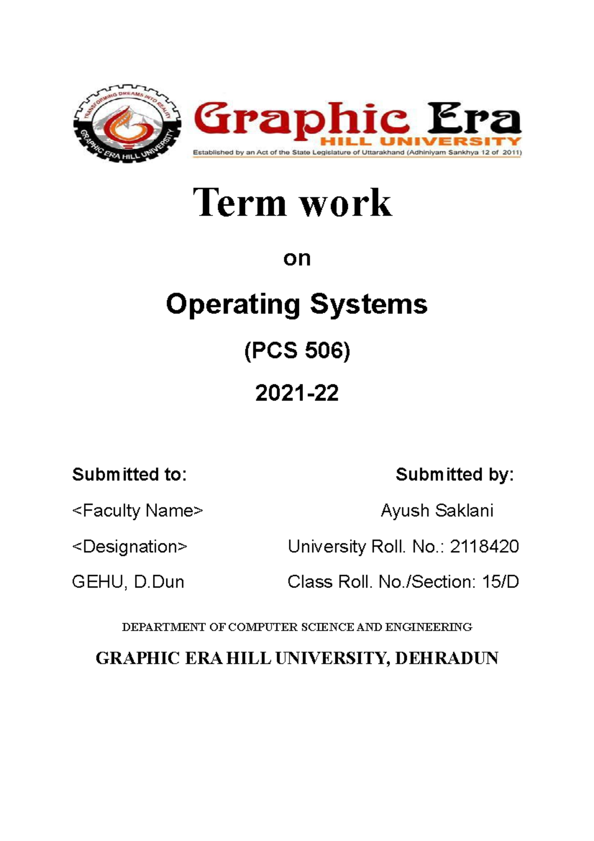 OS Term Work File - Term work on Operating Systems (PCS 506) 2021- Submitted to: Submitted by ...