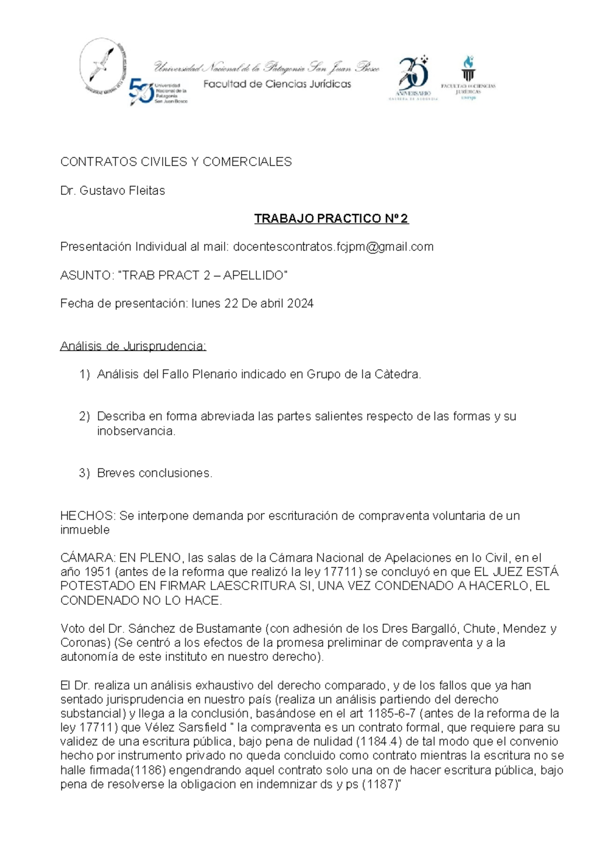 TRAB Pract Contratos 2do 2024 - CONTRATOS CIVILES Y COMERCIALES Dr. Gustavo Fleitas TRABAJO ...