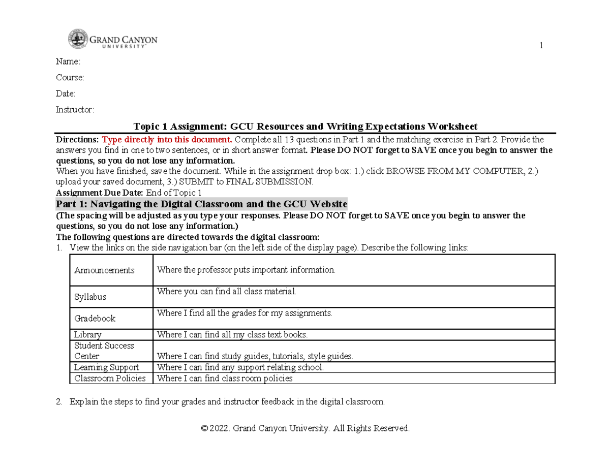 unv-103 Document - Name: Course: Date: Instructor: Topic 1 Assignment ...